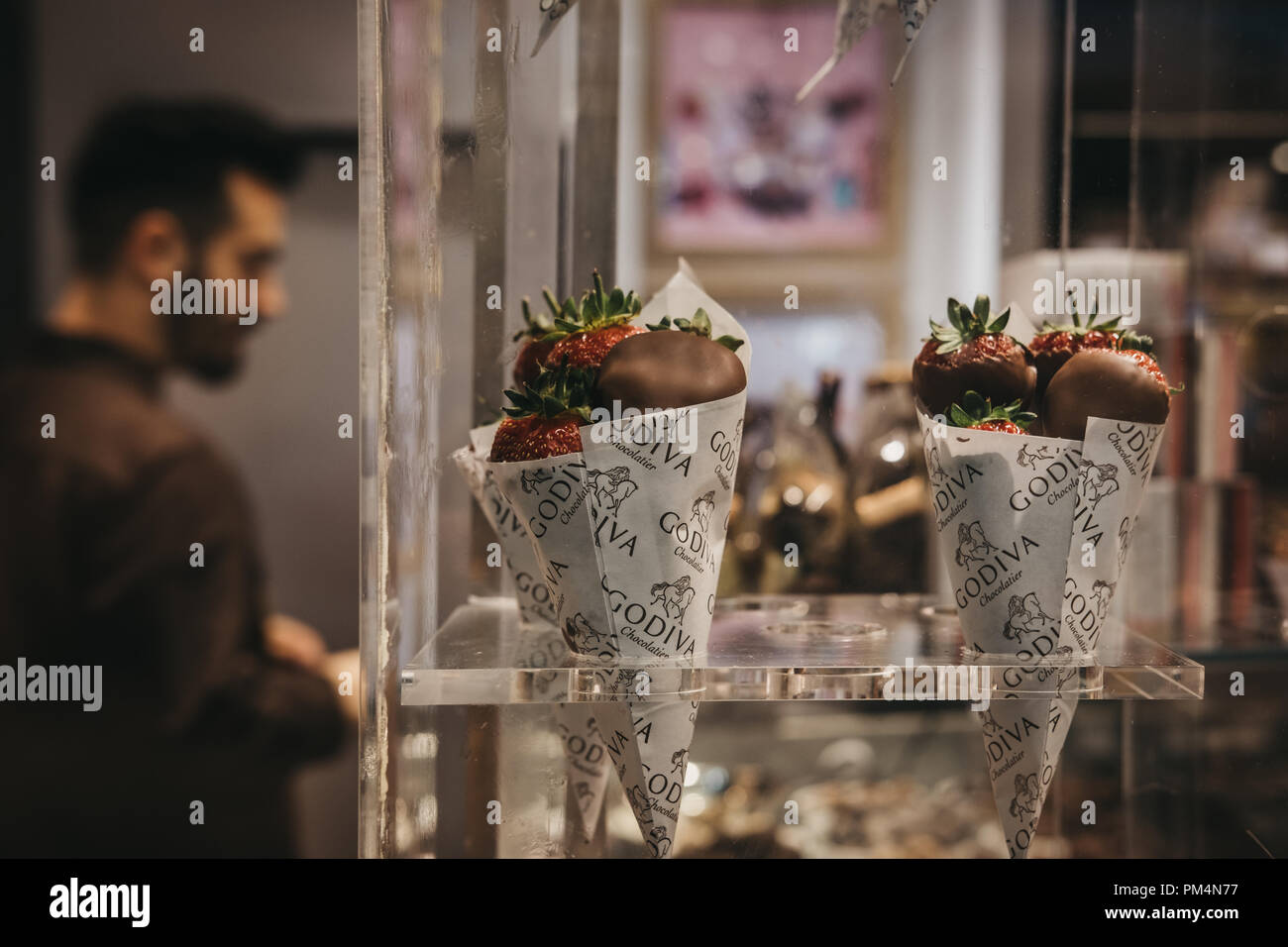 London, UK - July 26, 2018: Chocolate covered strawberries on retail ...