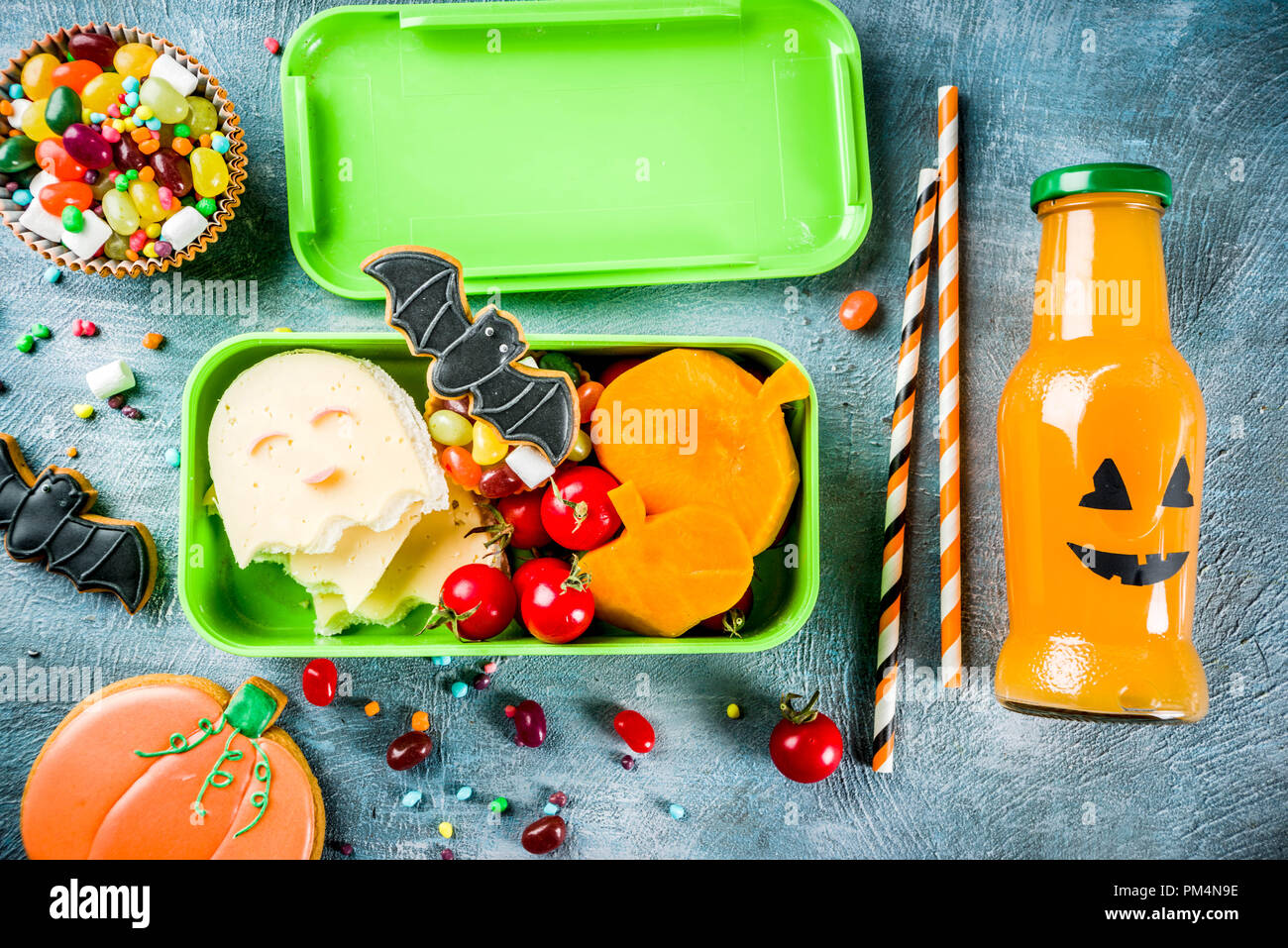 Halloween food, school lunch box with ghost sandwich, carved little ...