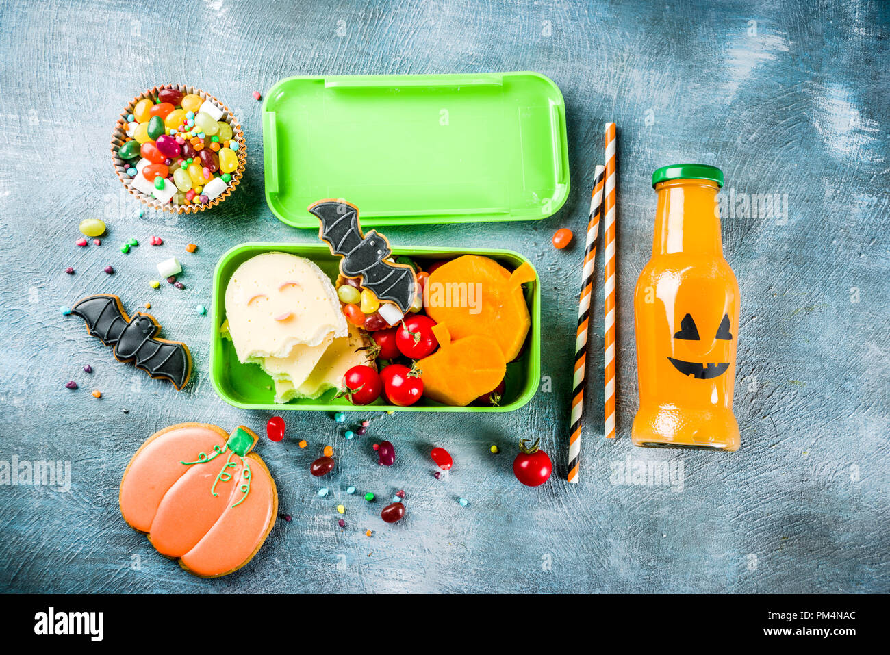 Halloween food, school lunch box with ghost sandwich, carved little ...
