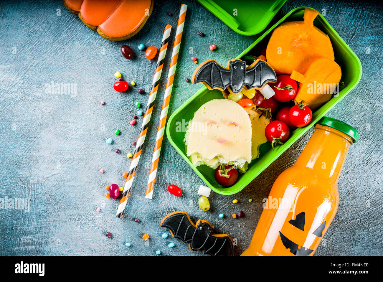 Halloween food, school lunch box with ghost sandwich, carved little ...