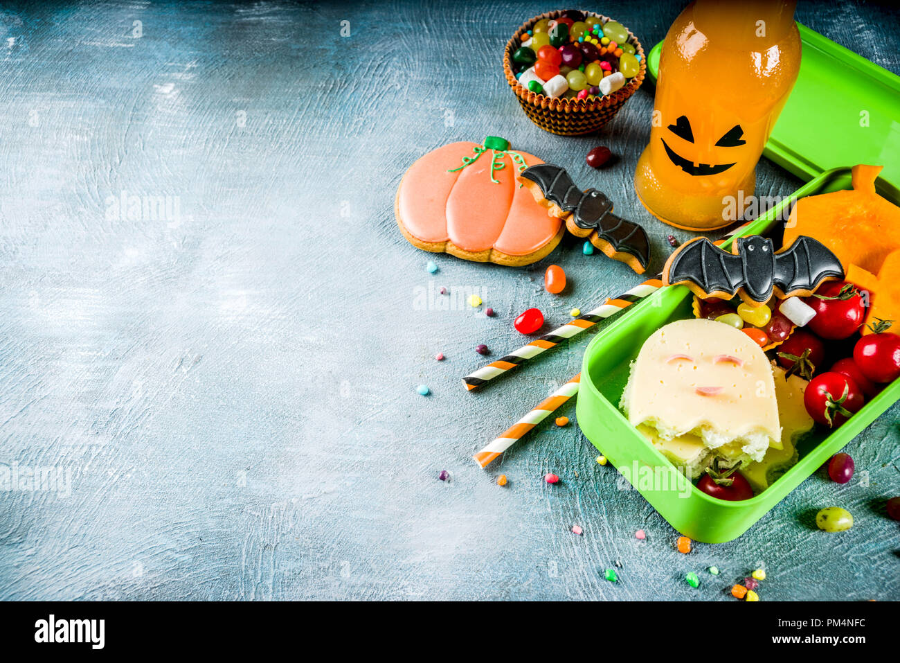 Halloween food, school lunch box with ghost sandwich, carved little ...