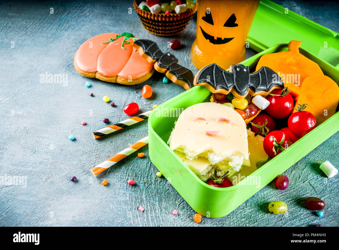 Halloween food, school lunch box with ghost sandwich, carved little ...