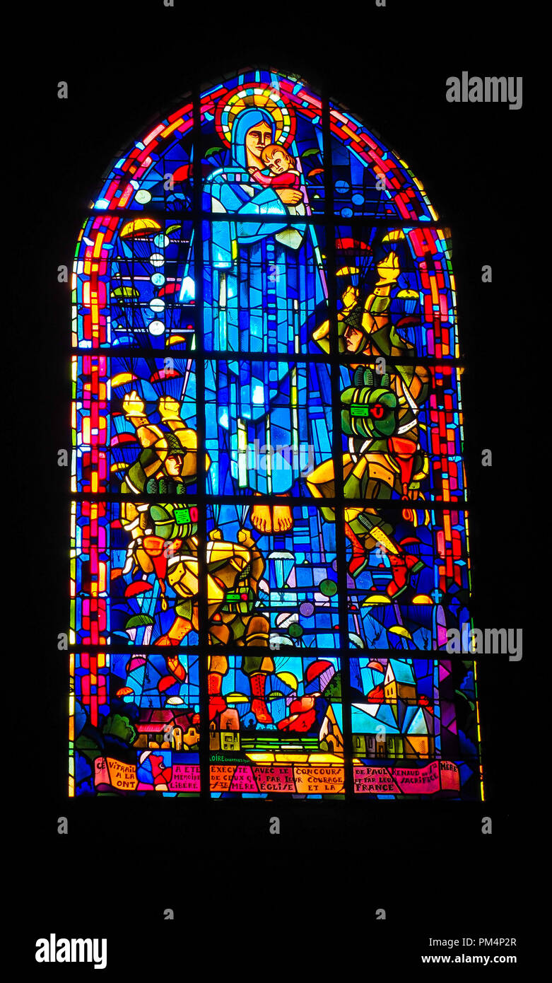 Paratrooper Stained Glass Window memorial St Mere Eglise Church Stock ...