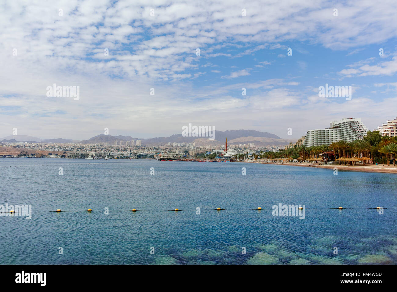 City view, panoramic view of sunny Eilat, touristic and vacation luxury ...