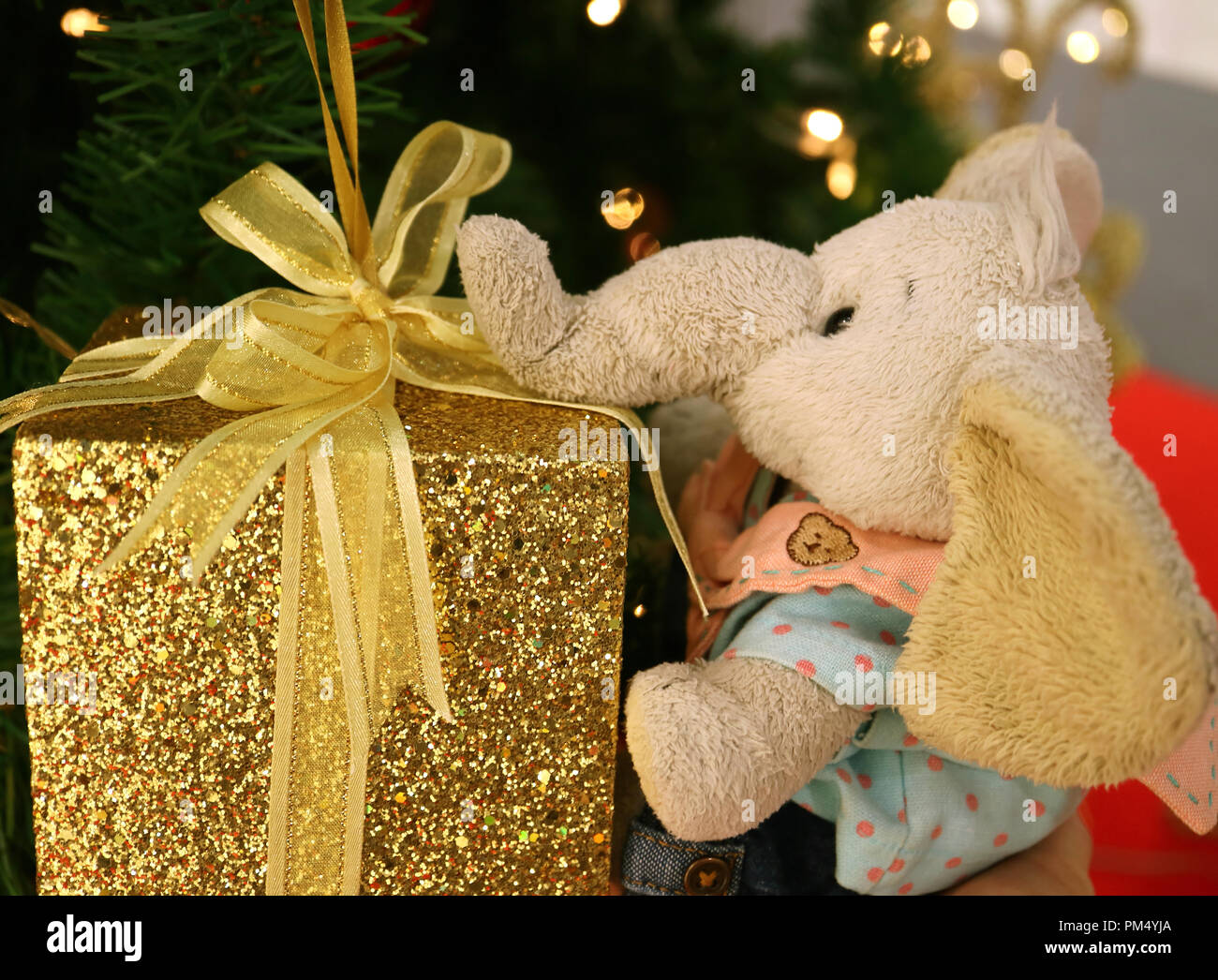 Cute elephant soft doll holding a big gold glitter square shaped gift ...