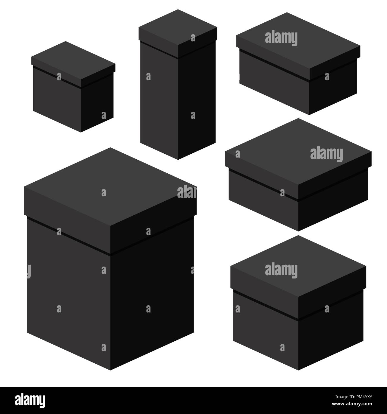 Isometric black boxes of different sizes for packaging, gifts ...