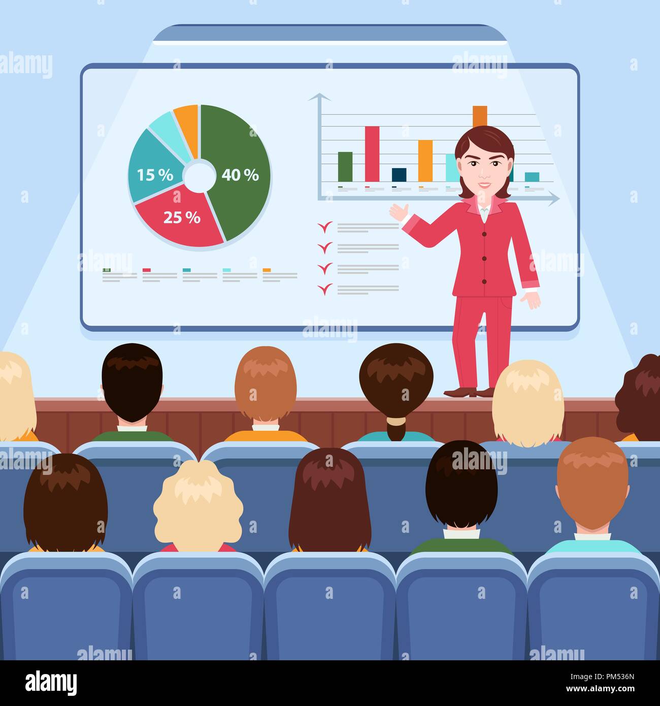 Businesswoman in costume making presentation explaining charts on board ...