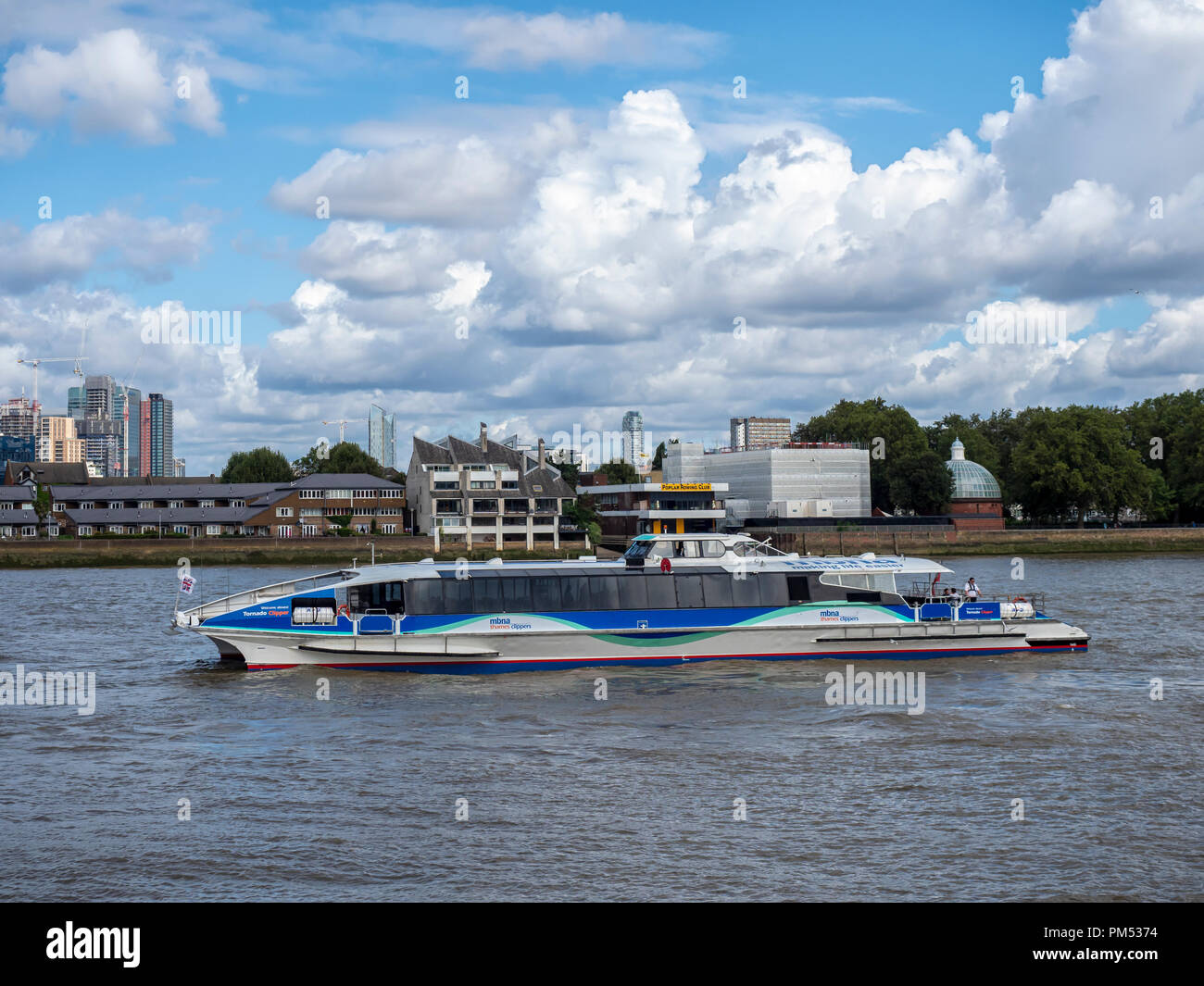 LONDON, UK - AUGUST 25, 2018: View of an MBNA Thames Clipper River Bus ...