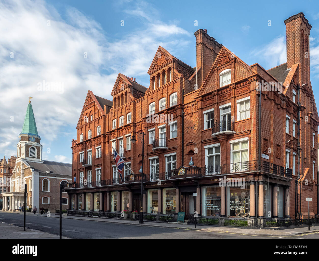 LONDON, UK - AUGUST 25, 2018: Thomas Goode Shop and Grosvenor Chapel in ...