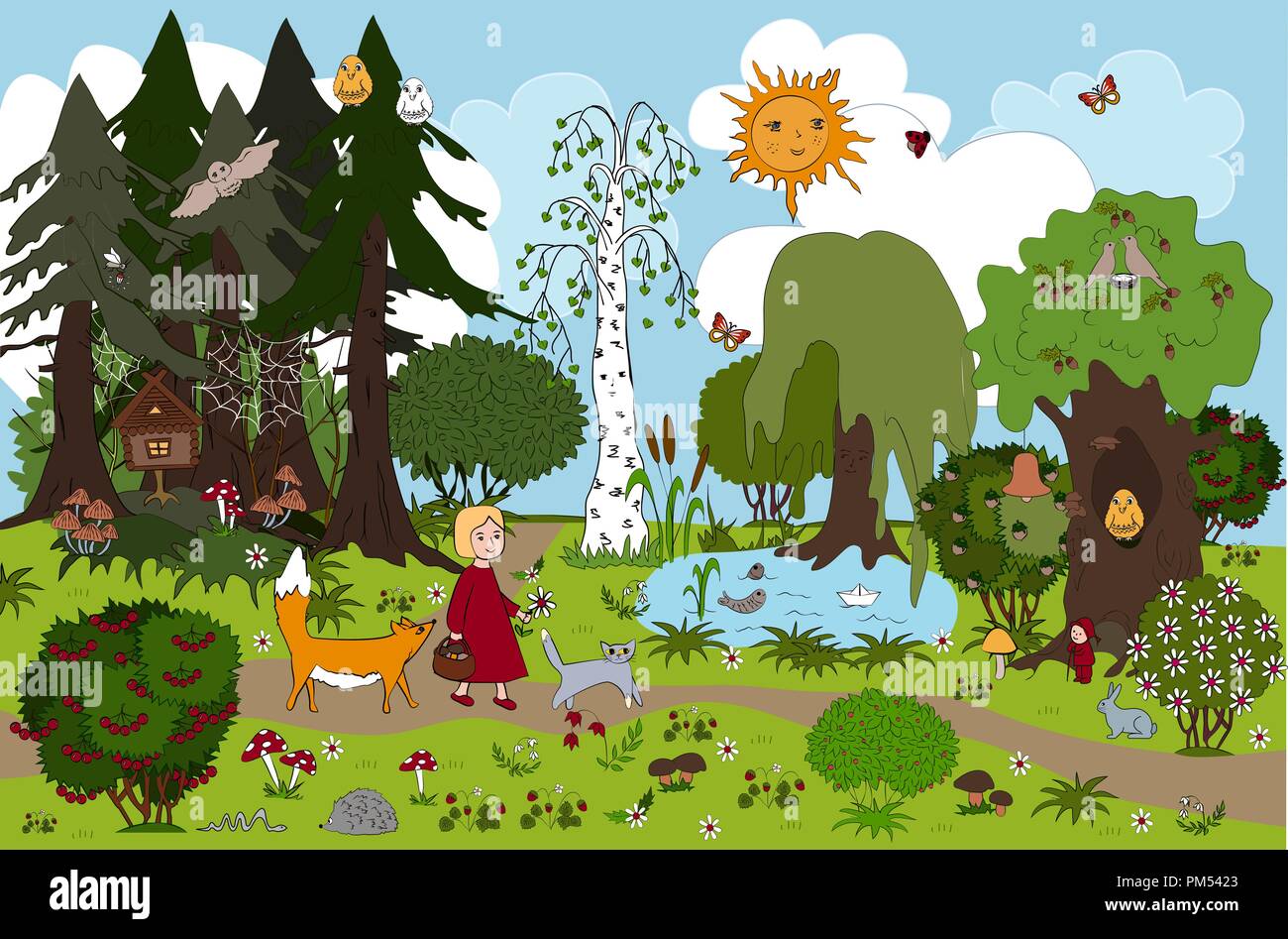 Fairy forest of childish dream. Vector illustration. Girl and her ...