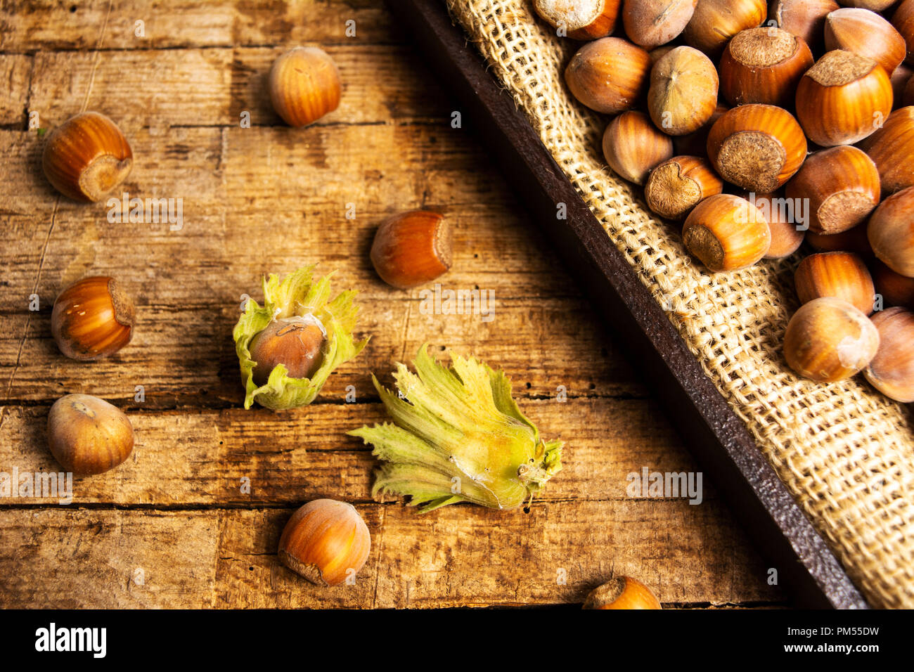 Hazelnuts on a rustic cloth top view Stock Photo - Alamy
