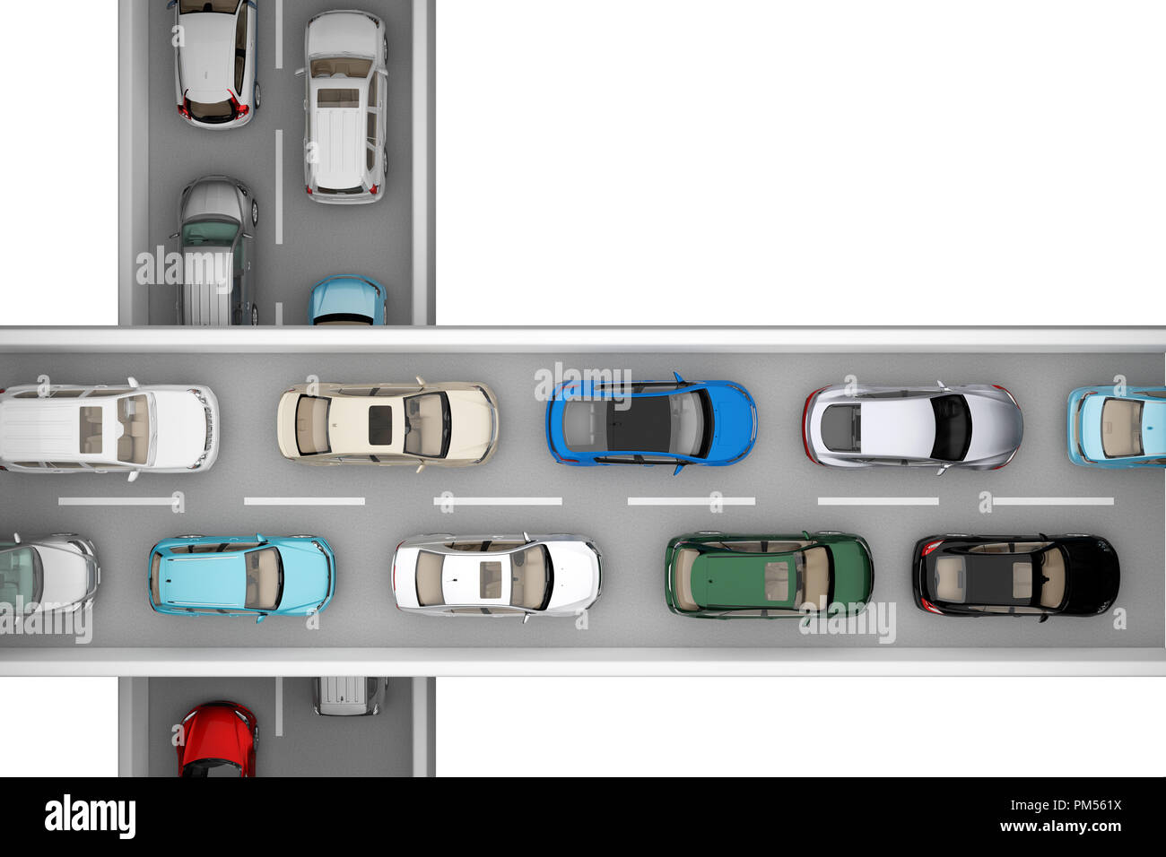 background of traffic of cars on cross level road from top view. 3d ...