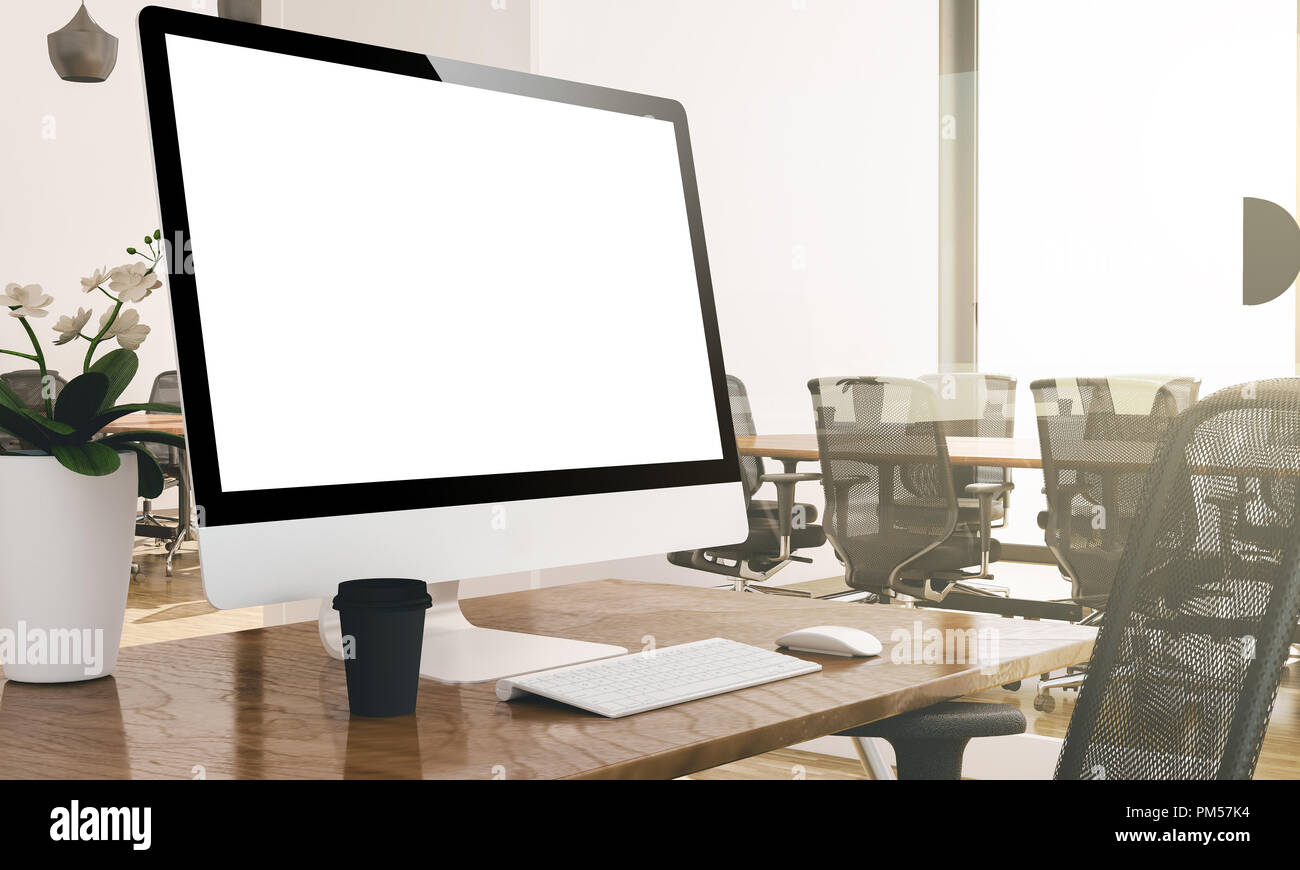 computer with white screen at business office 3d rendering Stock Photo ...