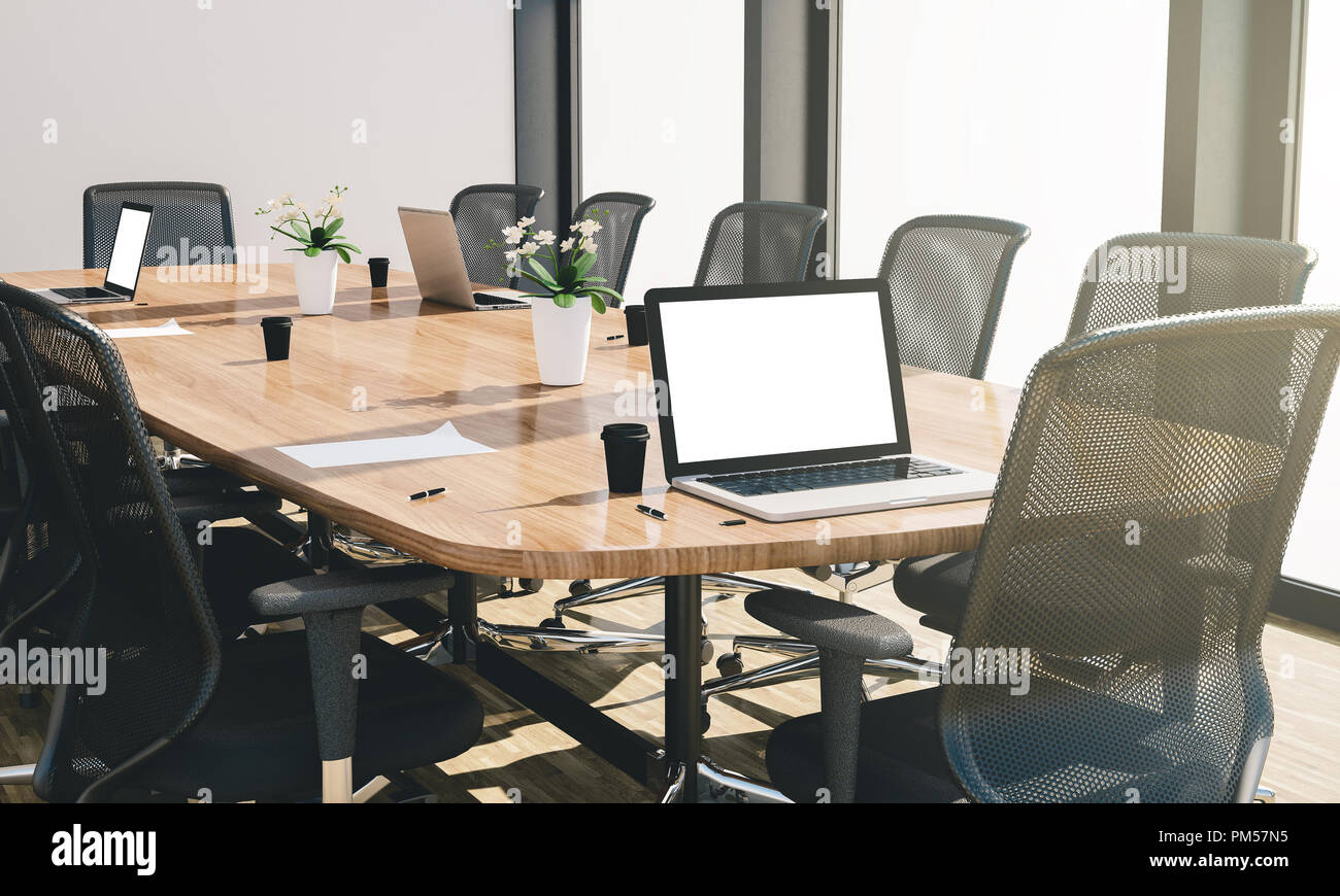 conference or meeting room with computer and some office stuff 3d ...