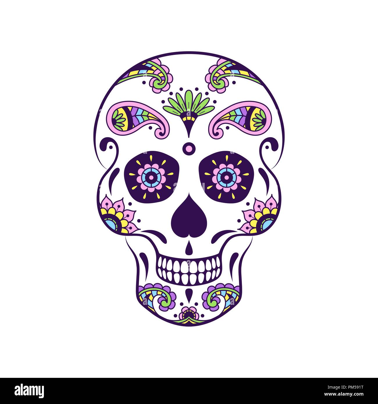 Vector colorful sugar skull with doodle floral pattern. Illustration ...