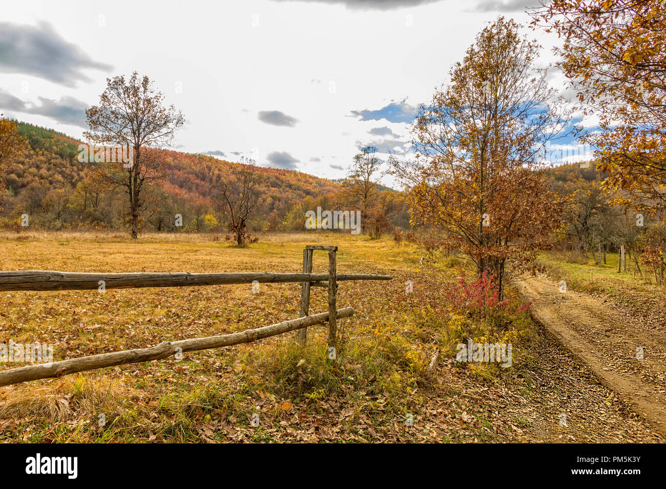 the rural autumn landscape with country road and wooden fence Stock ...