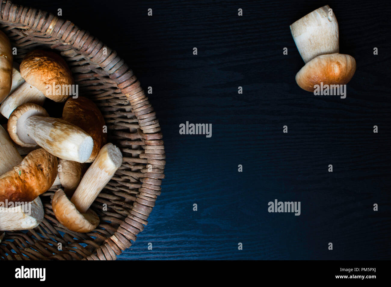 Autumn Cep Mushrooms. Basket with porcini mushrooms on the wooden ...
