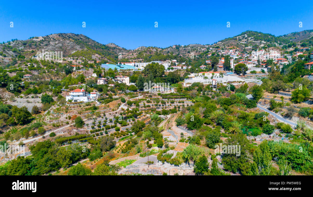 Aerial view of Agros village settlement on mountain Troodos, Limassol ...
