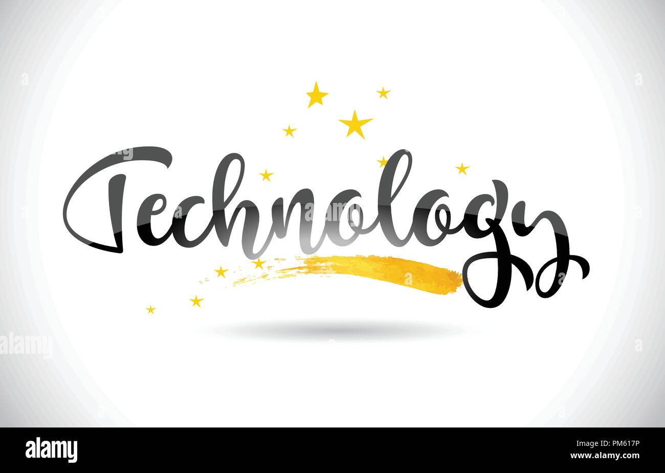 Technology Word Text with Golden Stars Trail and Handwritten Curved ...