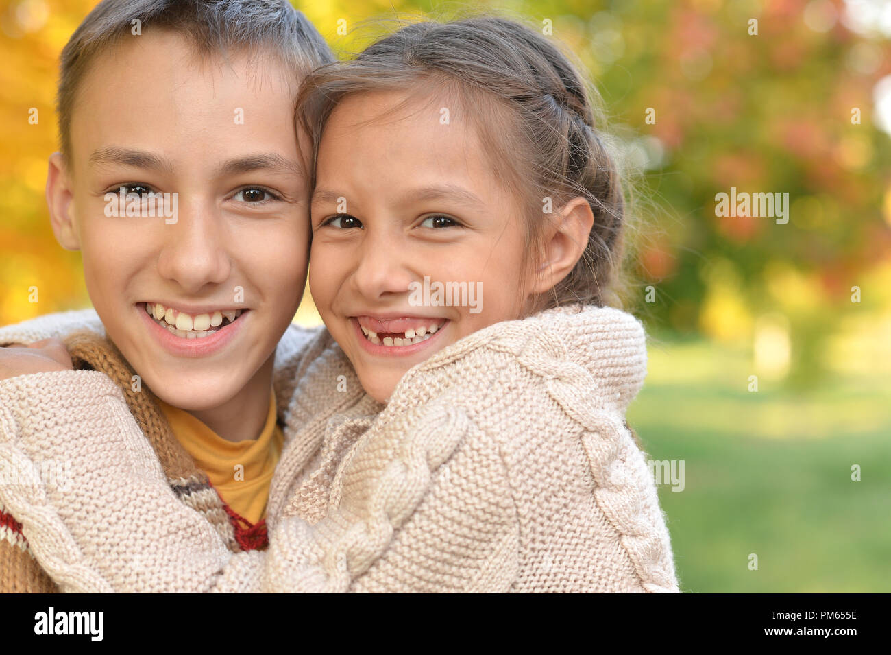 close up portrait of brother and sister hugging in autumnal park Stock ...