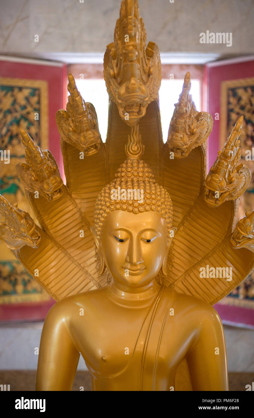 Thailand, Phuket; Temple, Wat Chalong, Statue of Buddha and snakes ...