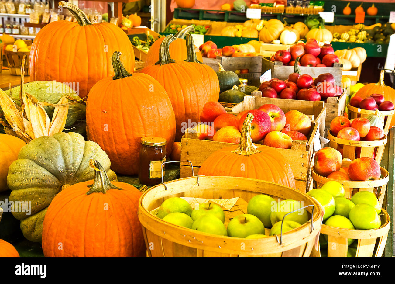 Country Farmer's Market with lots of produce including pumpkins in the ...