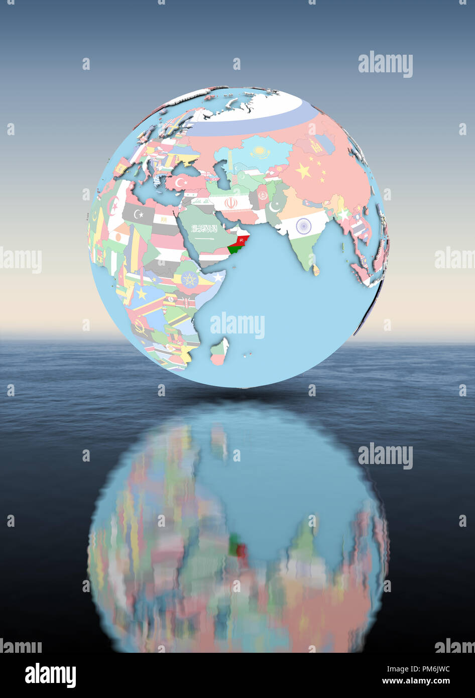 Oman on political globe with national flags floating above water. 3D ...