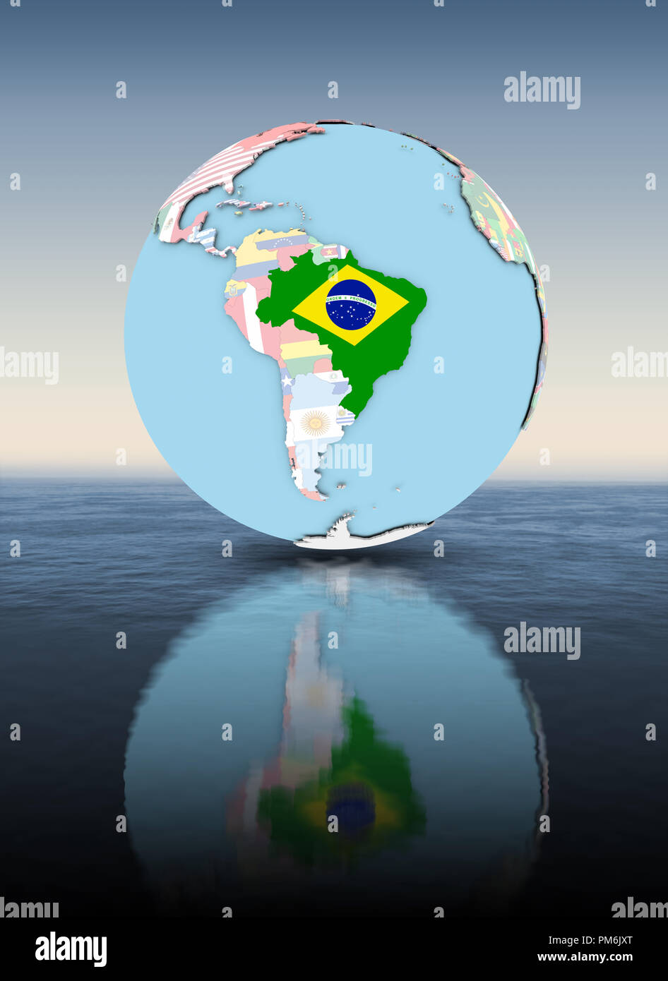 Brazil on political globe with national flags floating above water. 3D ...
