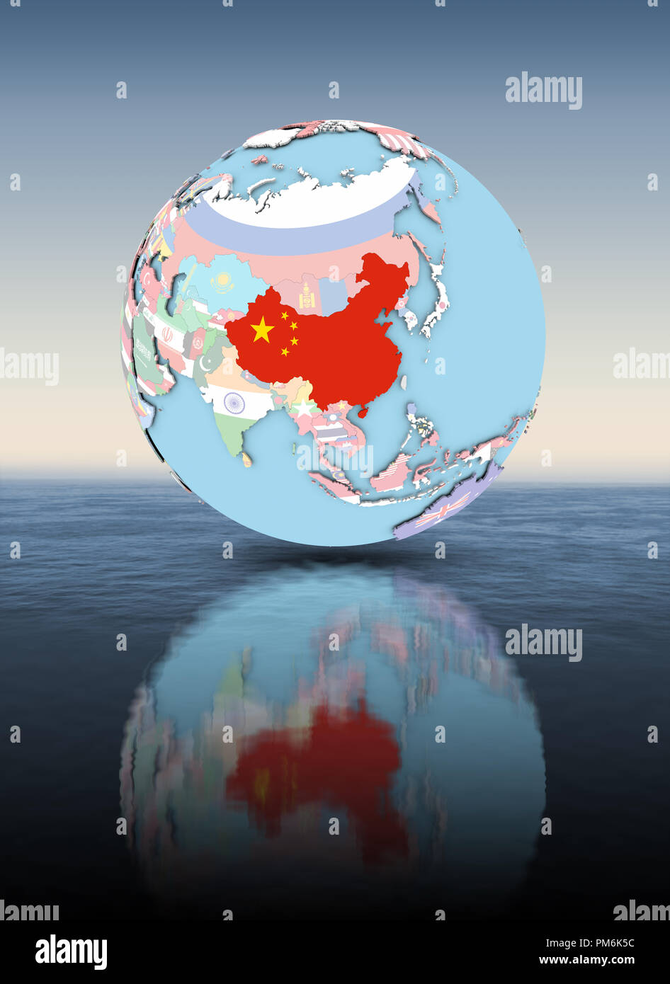 China on political globe with national flags floating above water. 3D ...