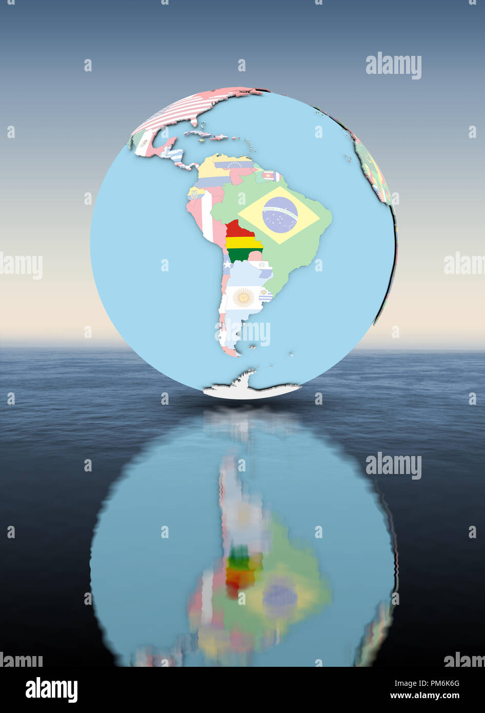 Bolivia on political globe with national flags floating above water. 3D ...