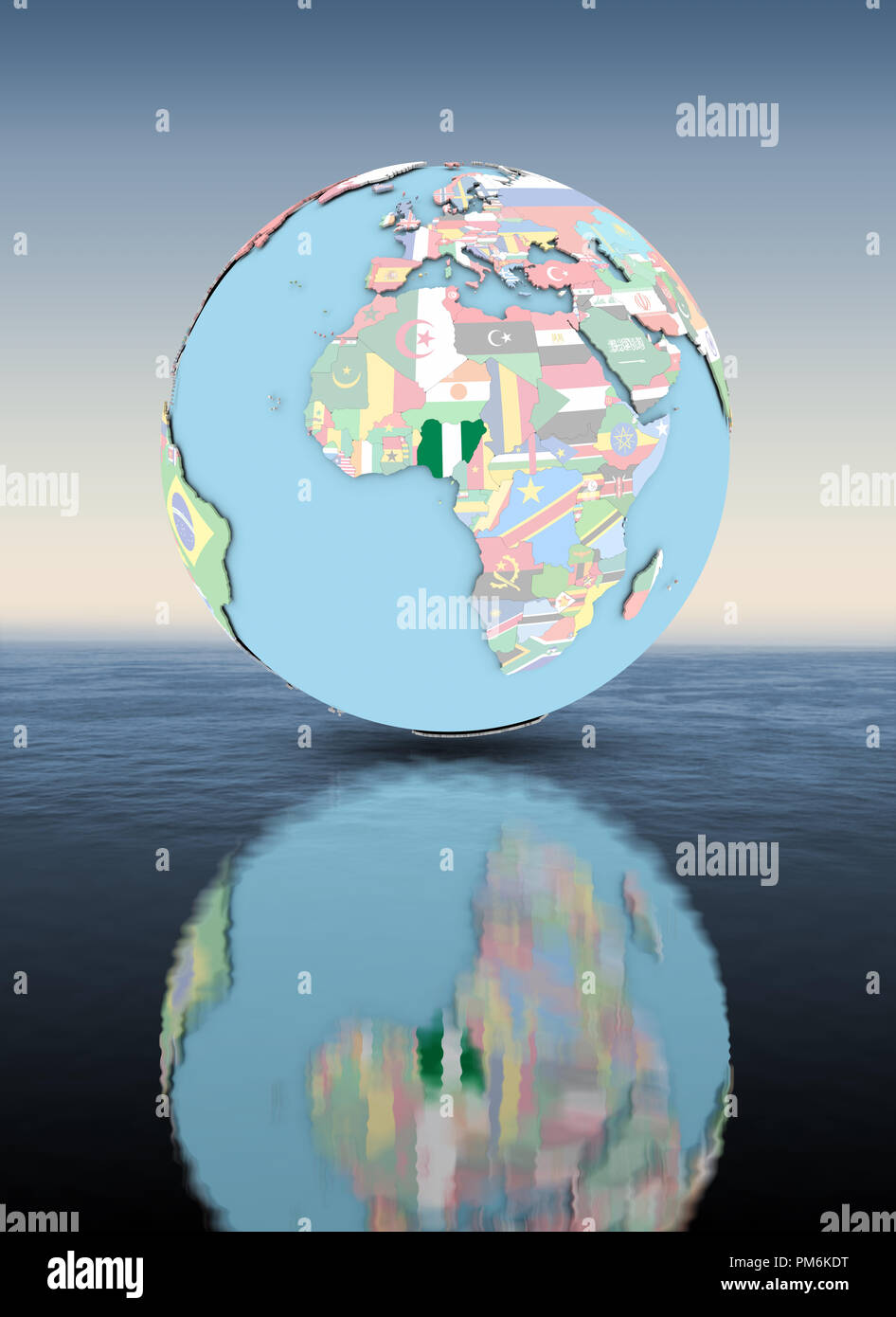 Nigeria on political globe with national flags floating above water. 3D ...