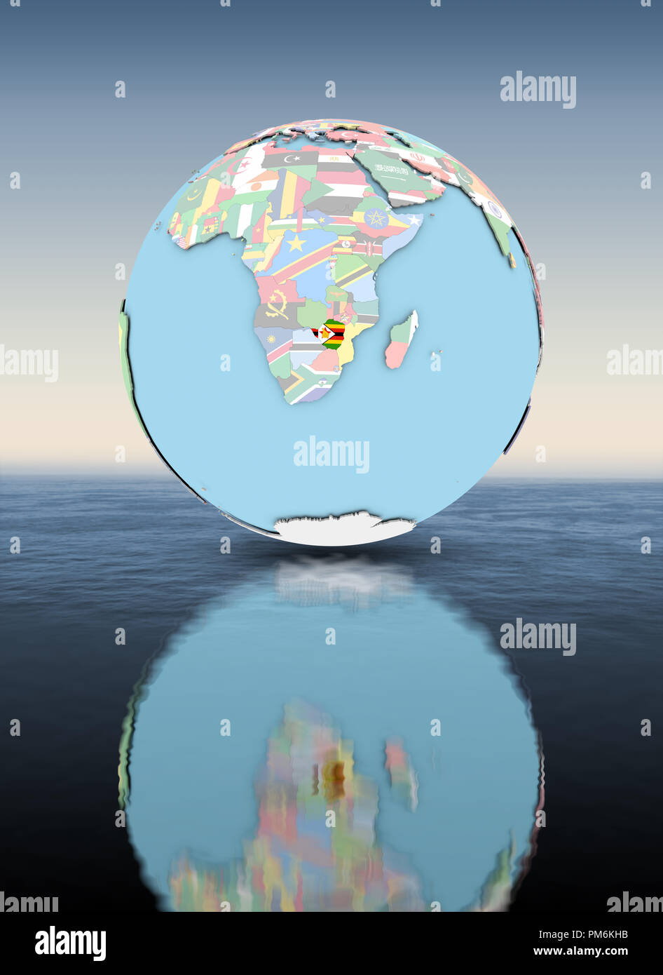 Zimbabwe on political globe with national flags floating above water ...