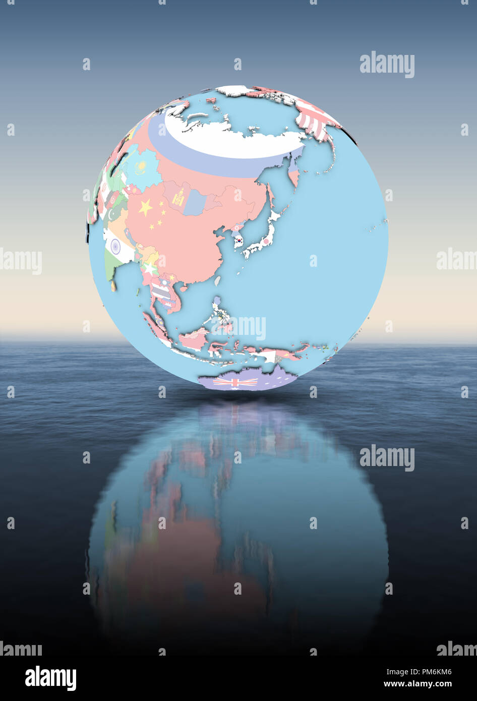 South Korea on political globe with national flags floating above water ...