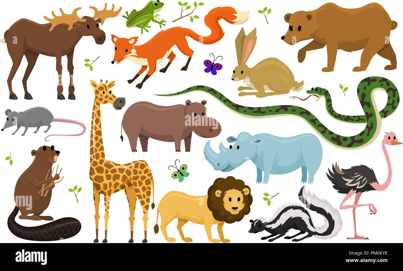 Cute animals for baby. Wild giraffe moose camel and deer, rhinoceros ...