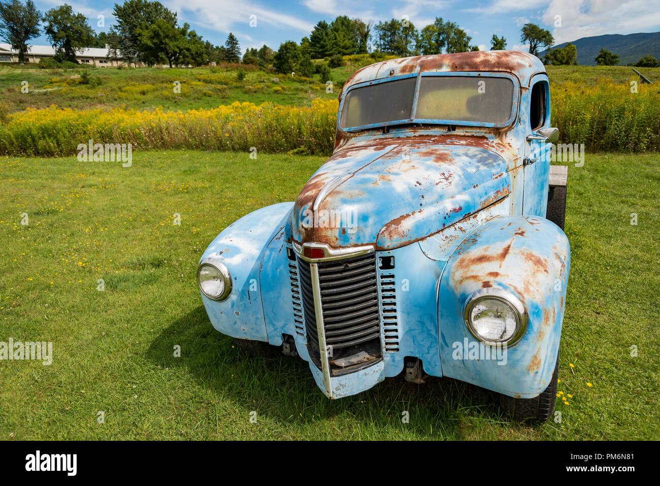 Old rusty blue truck abandoned ni a field in Stowe, Vermont USA Stock ...