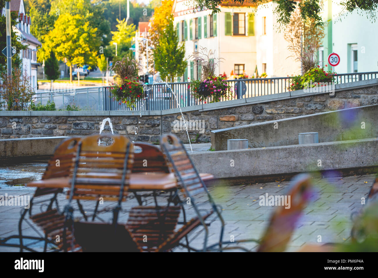 market square in a small German town, view of the empty restaurant ...