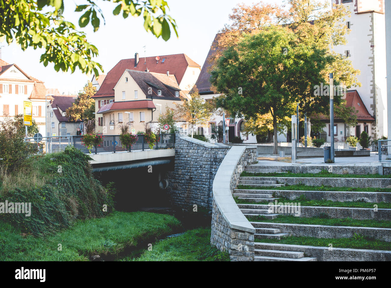 market square in a small German town, view of the empty stone stairs to ...