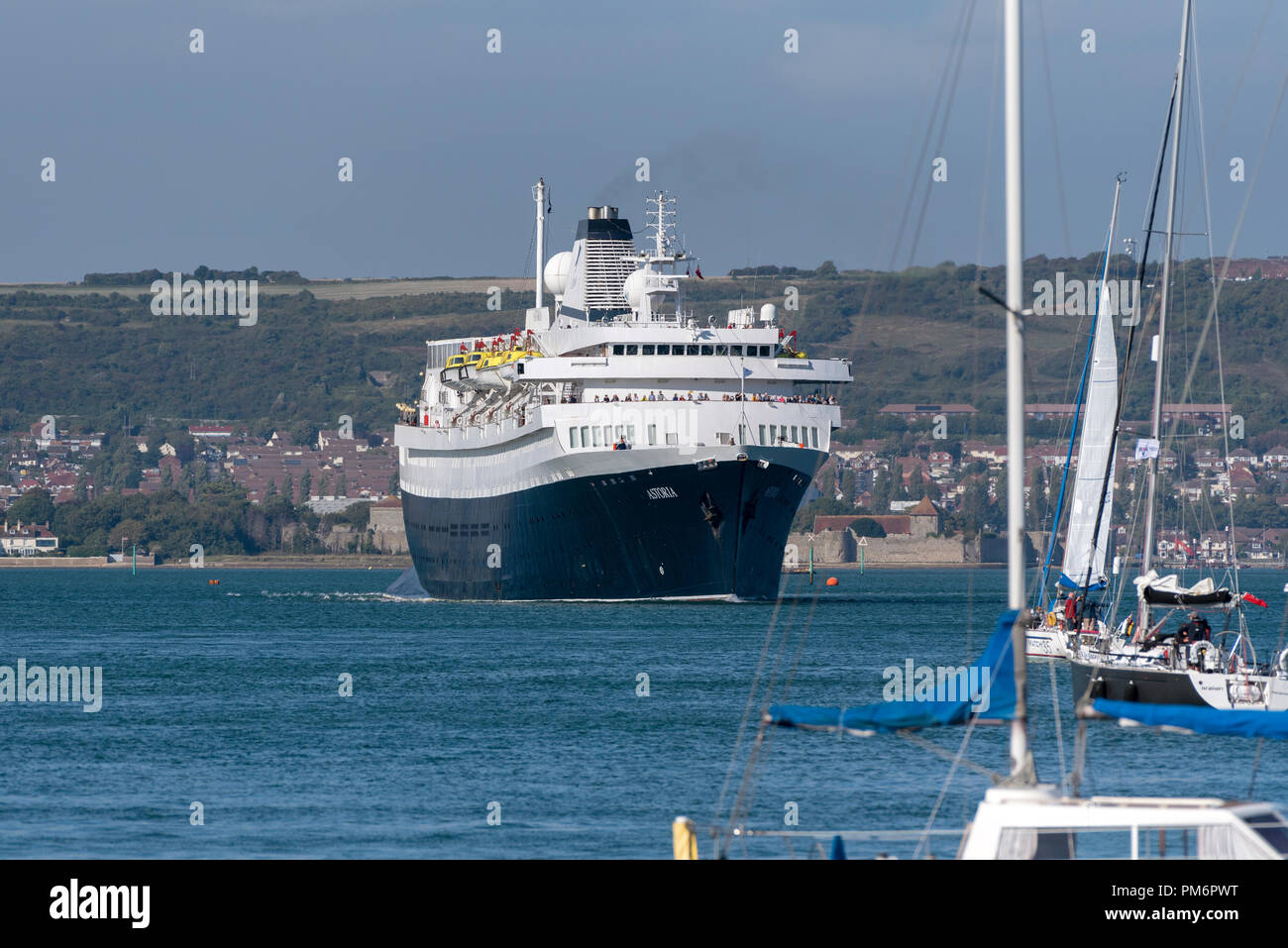 MV Astoria departing Portsmouth England UK With a background of ...