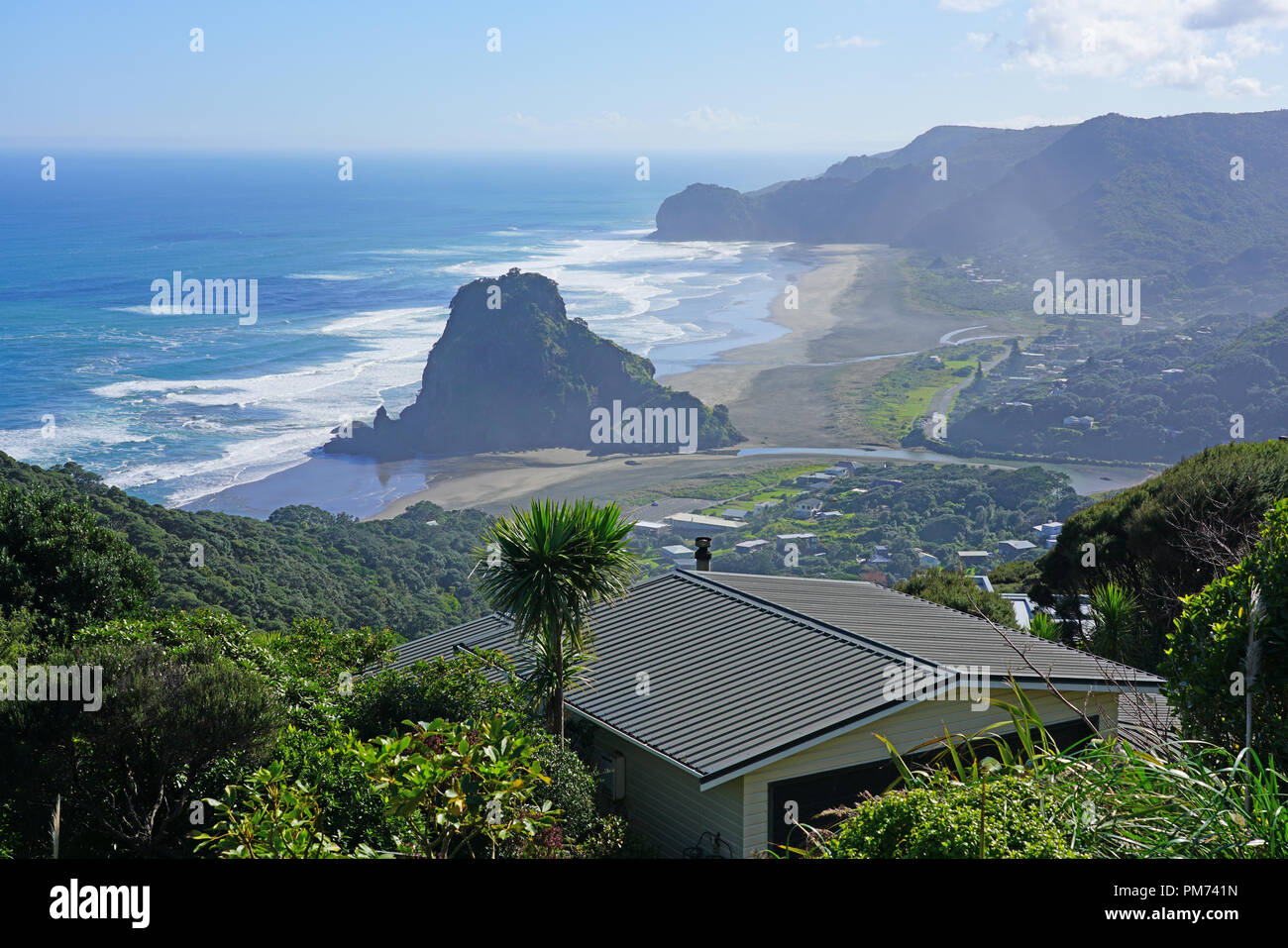 View of the black sand Piha Beach near Auckland in the North Island ...