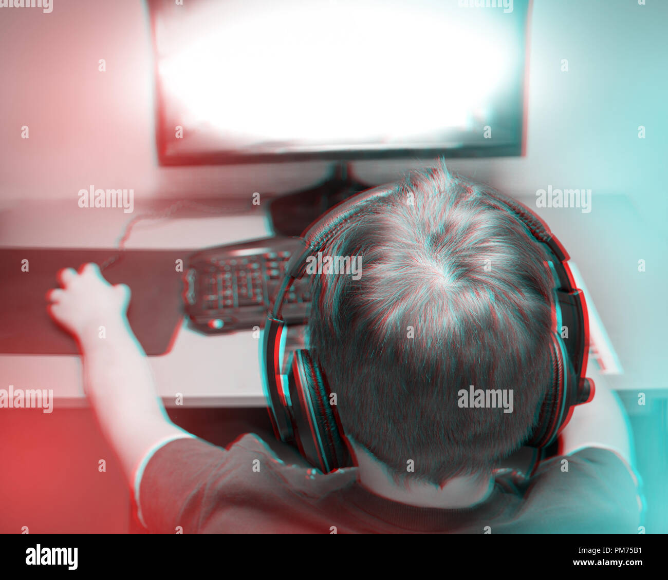 Trendy 3d Anaglyph Effect: Teenager Playing A Computer Game At Home ...