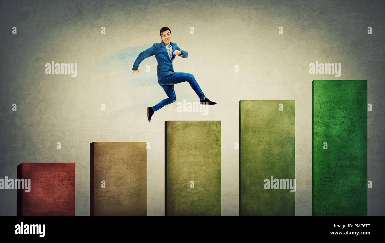 Confident businessman fast jumping up on the top of a graph. No limits ...
