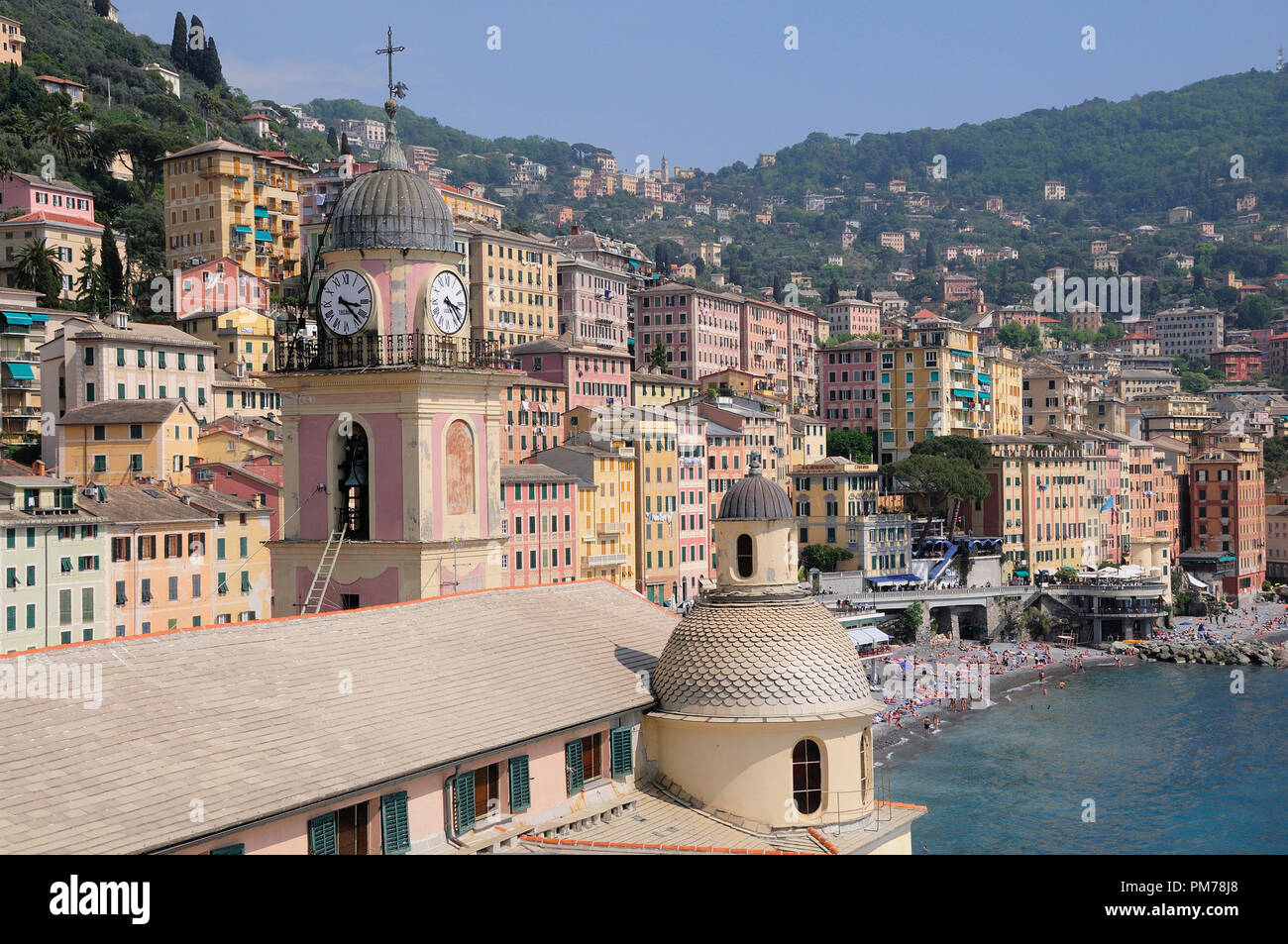 Italy, Liguria, Camogli, church roof with views of Camogli beach ...