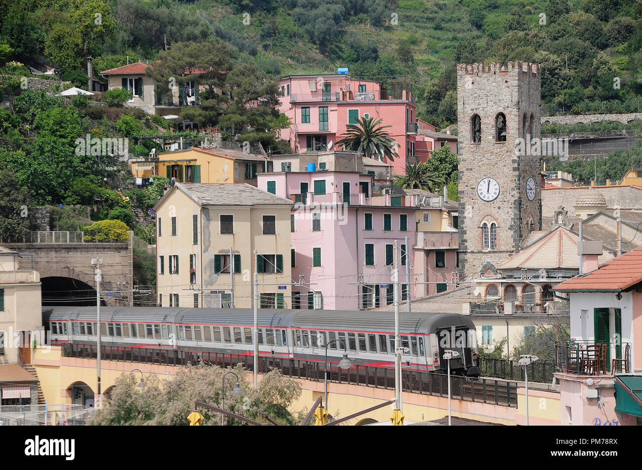 Italy, Liguria, Cinque Terre, Monterosso, view with church & railway ...