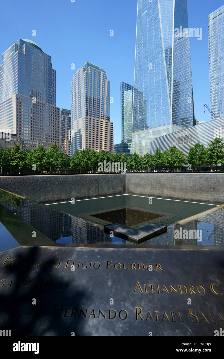 North reflecting pool of National September 11 Memorial with World ...