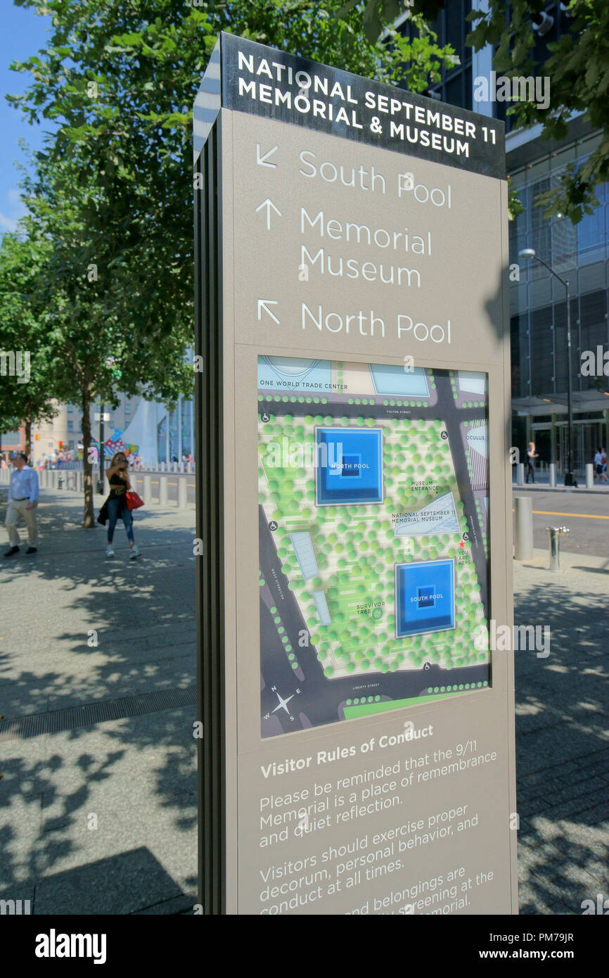 Direction sign with site map in National 9/11 Memorial & Museum ground ...