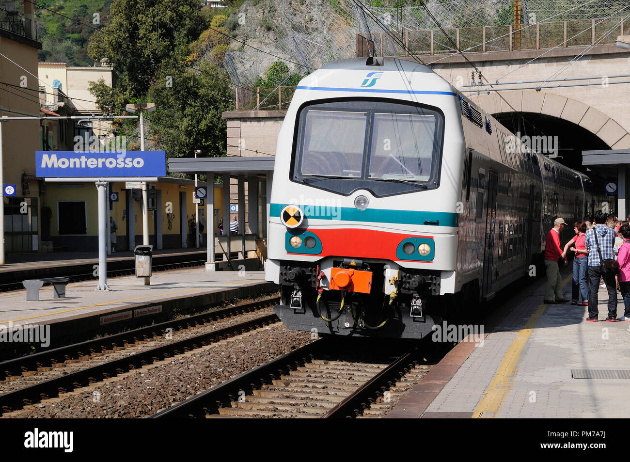 Italy, Liguria, Cinque Terre, train service at Monterosso Stock Photo ...