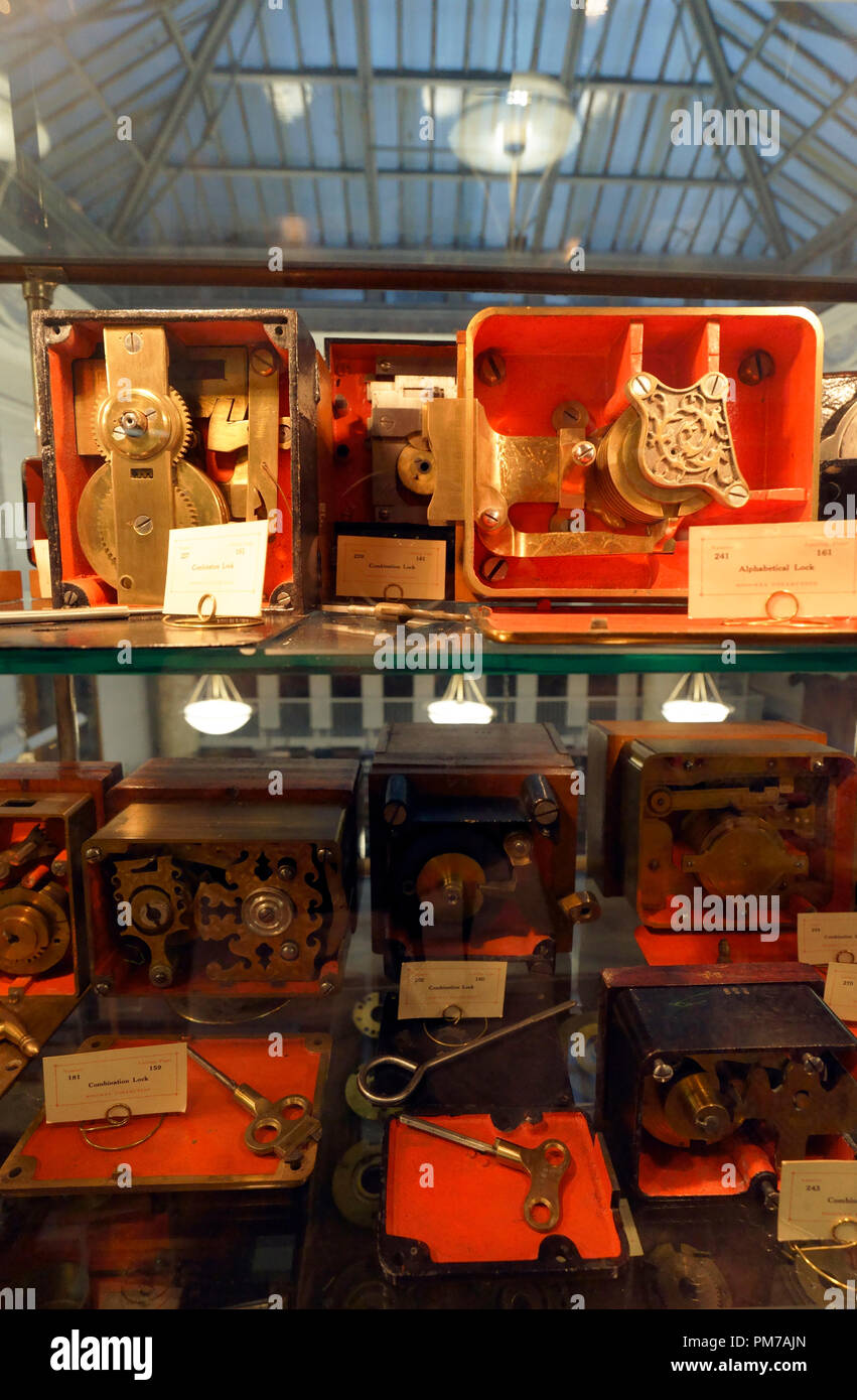 Vintage combination lock display in John M.Mossman Lock Collection ...
