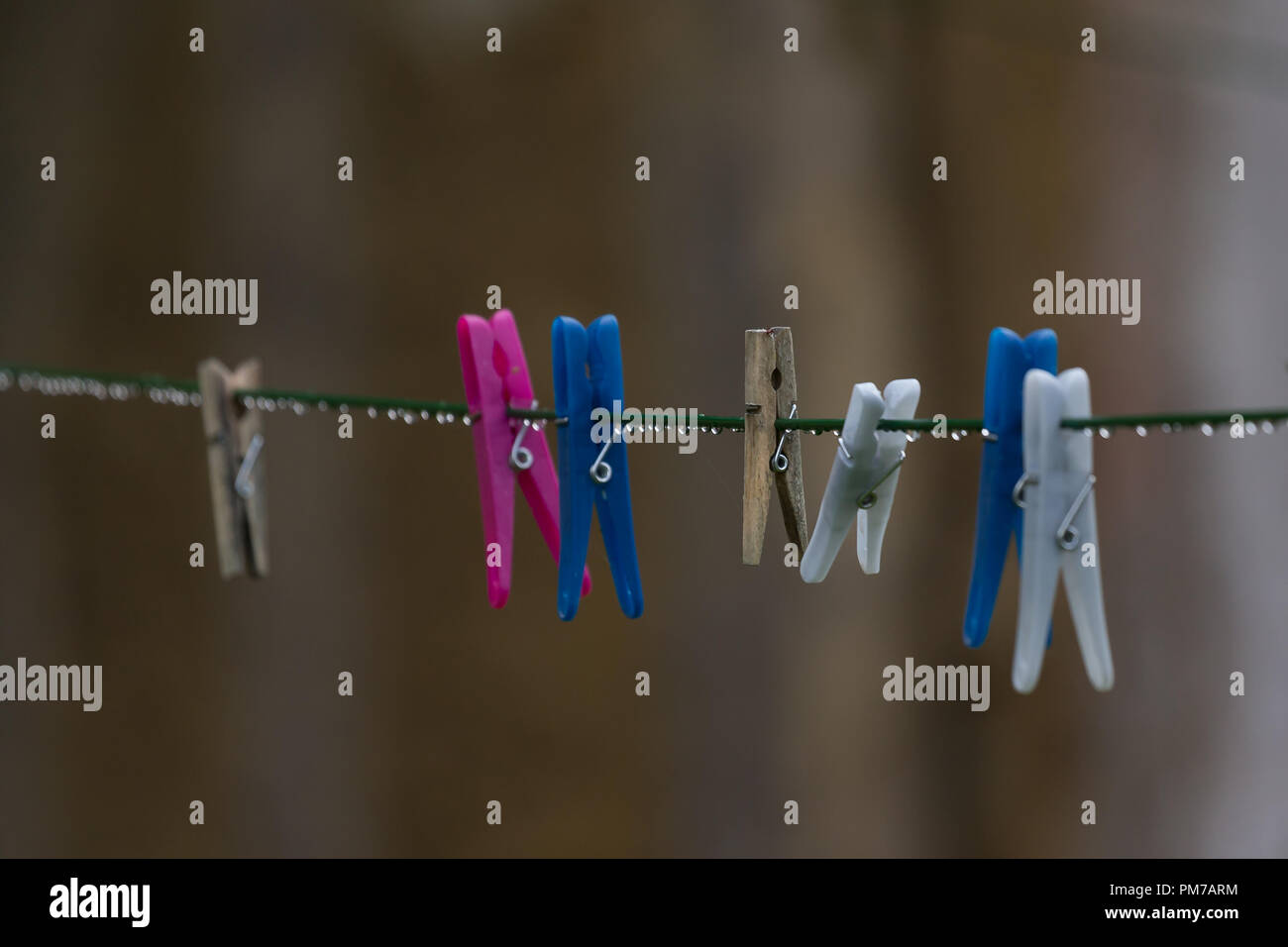 Coloured clothes pegs on a wet washing line Stock Photo - Alamy