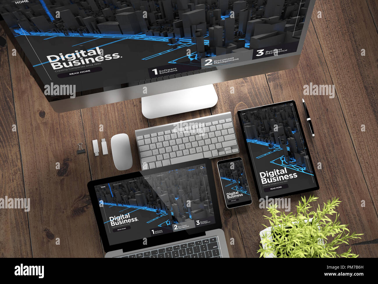 3d rendering top view of devices with responsive digital business ...