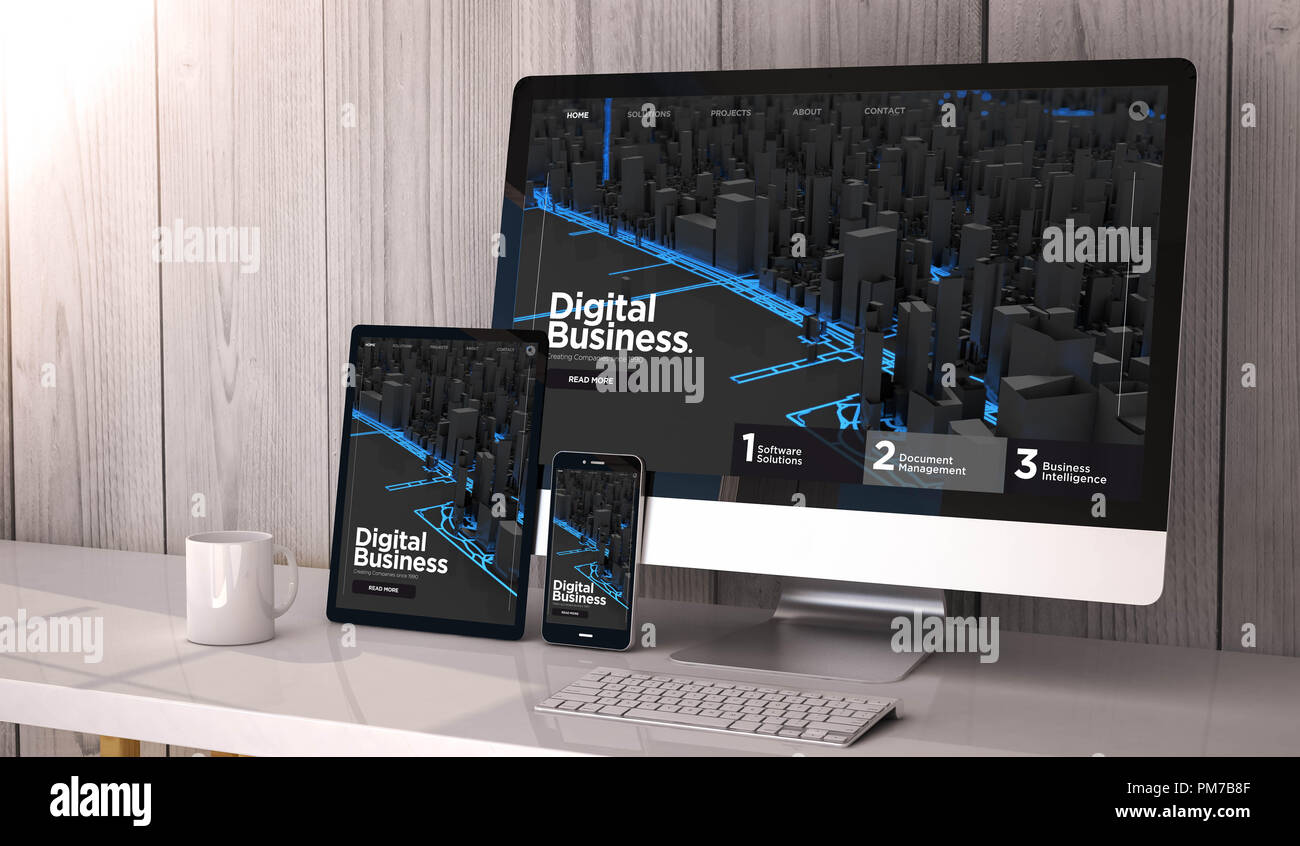 Digital generated devices on desktop, responsive digital business ...